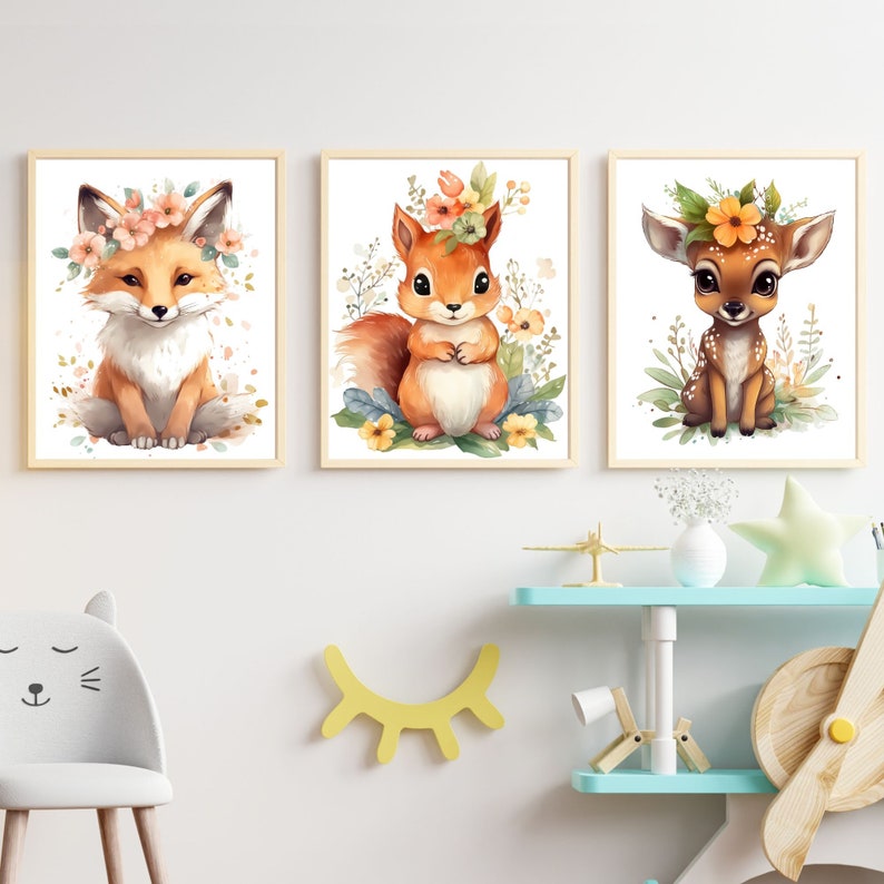 Baby Animal Floral Crown Prints – Woodland Nursery Art (digital ...