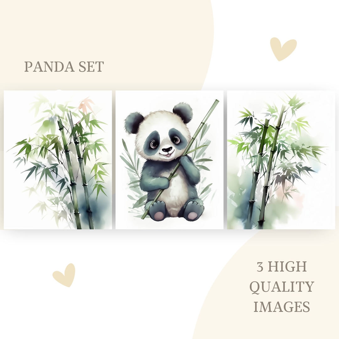 Panda and Bamboo Forest Art Poster, Baby Panda Prints Set of 3, Cute ...