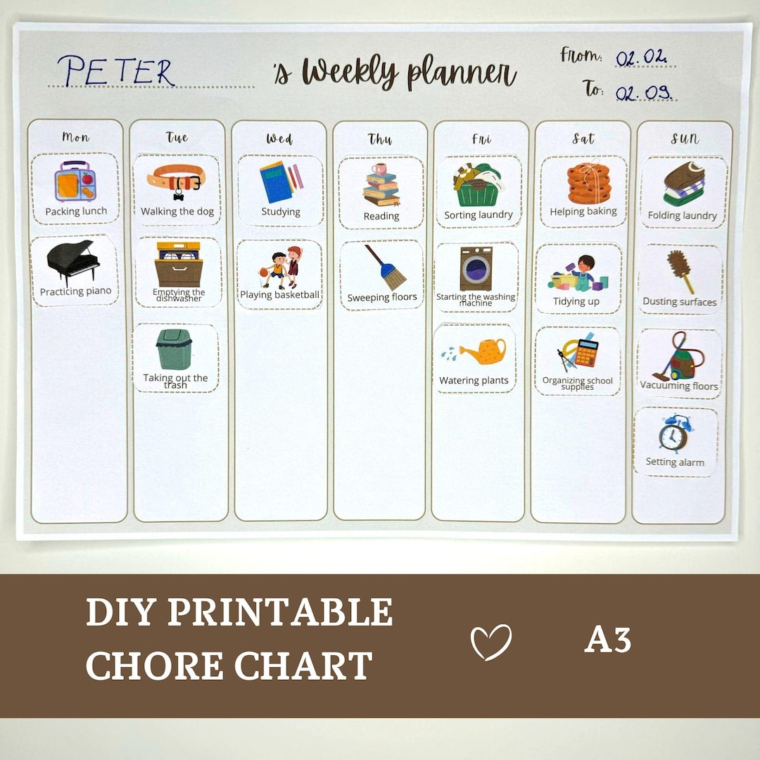 Children's Weekly Chore Chart Printable – 48 Customizable Task Cards ...