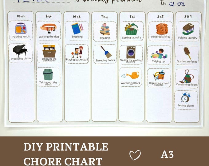 Children's Weekly Chore Chart Printable – 48 Customizable Task Cards ...