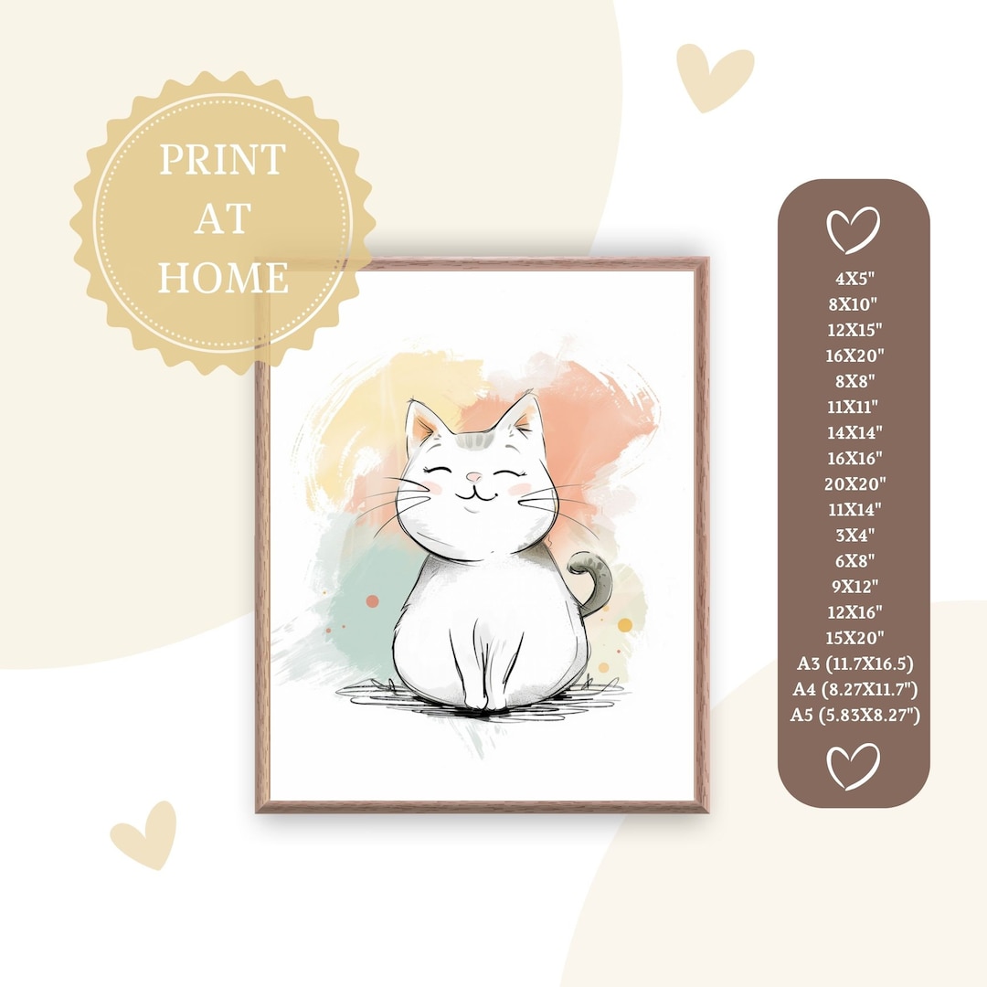 Cat Art Printable Happy Cat Wall Art White Cat Digital Print Pastel ...