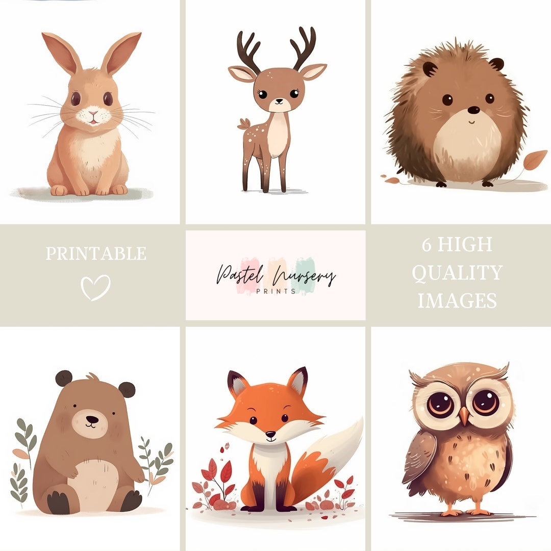 Set of 6 Animal Printable Art, Cute Baby Animals Poster Set, Forest ...
