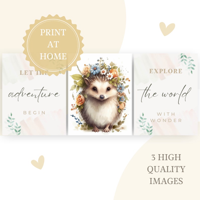 Set of 3, Inspirational Nursery Prints, Cute Hedgehog With Flowers ...
