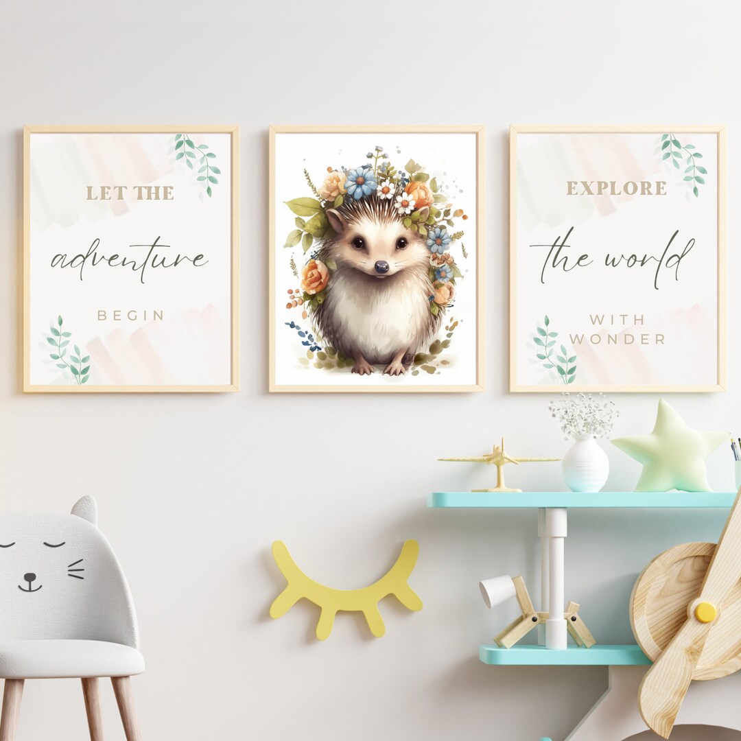 Set of 3, Inspirational Nursery Prints, Cute Hedgehog With Flowers ...