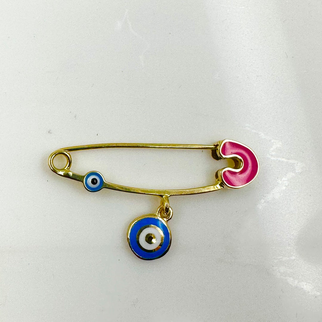 14k Yellow Gold Baby Evil Eye Safety Pin With Enamel - Etsy