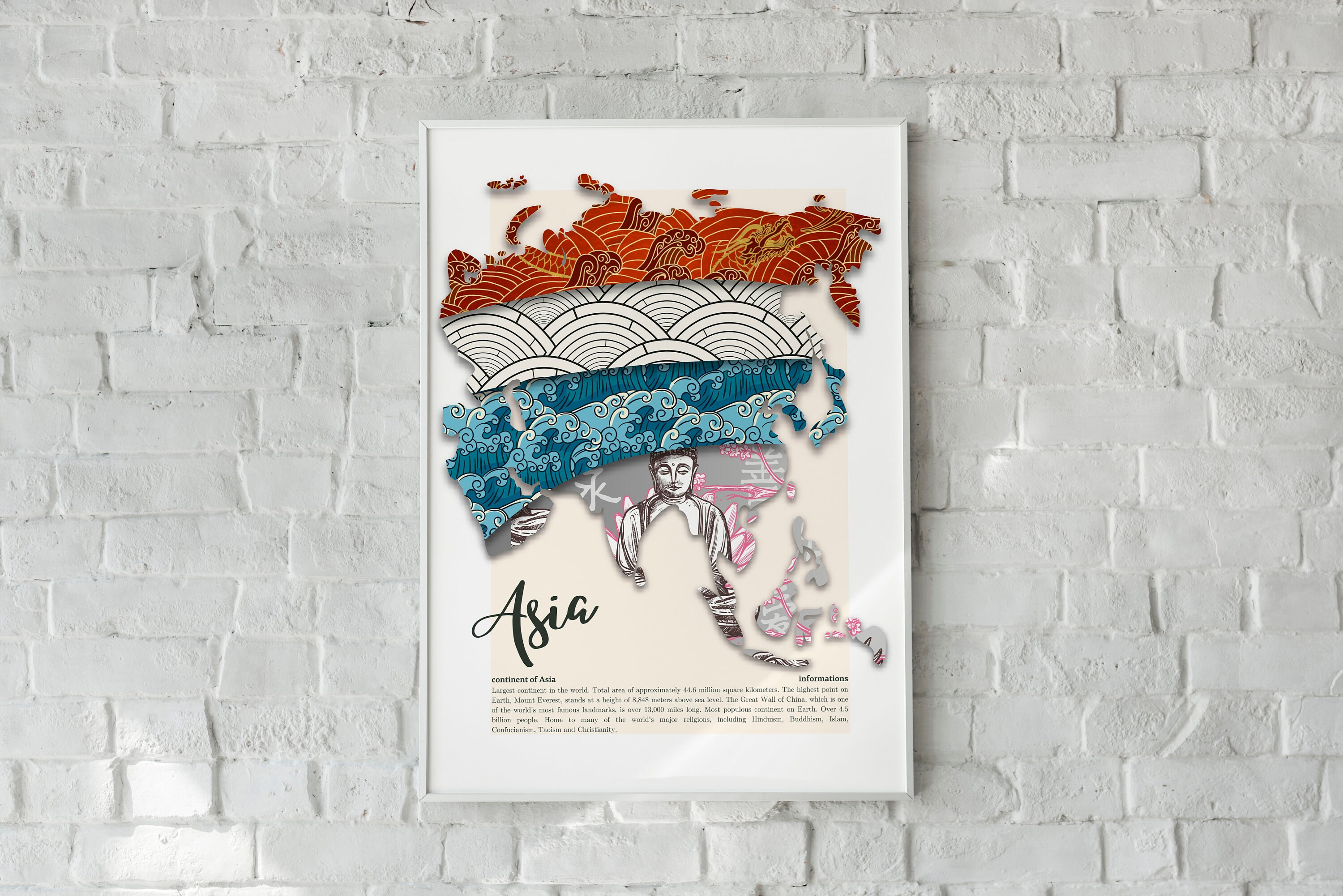 Buddha Wall Art, Asia Map Wall Art, World Map Wall Art, Living Room ...