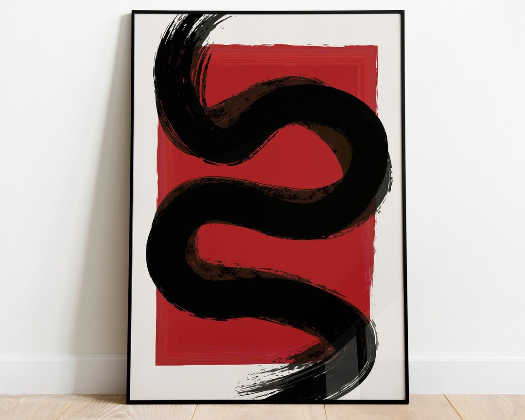 Japandi Wall Art, Japandi Abstract Art, Red and Black Brush Stroke Wall ...