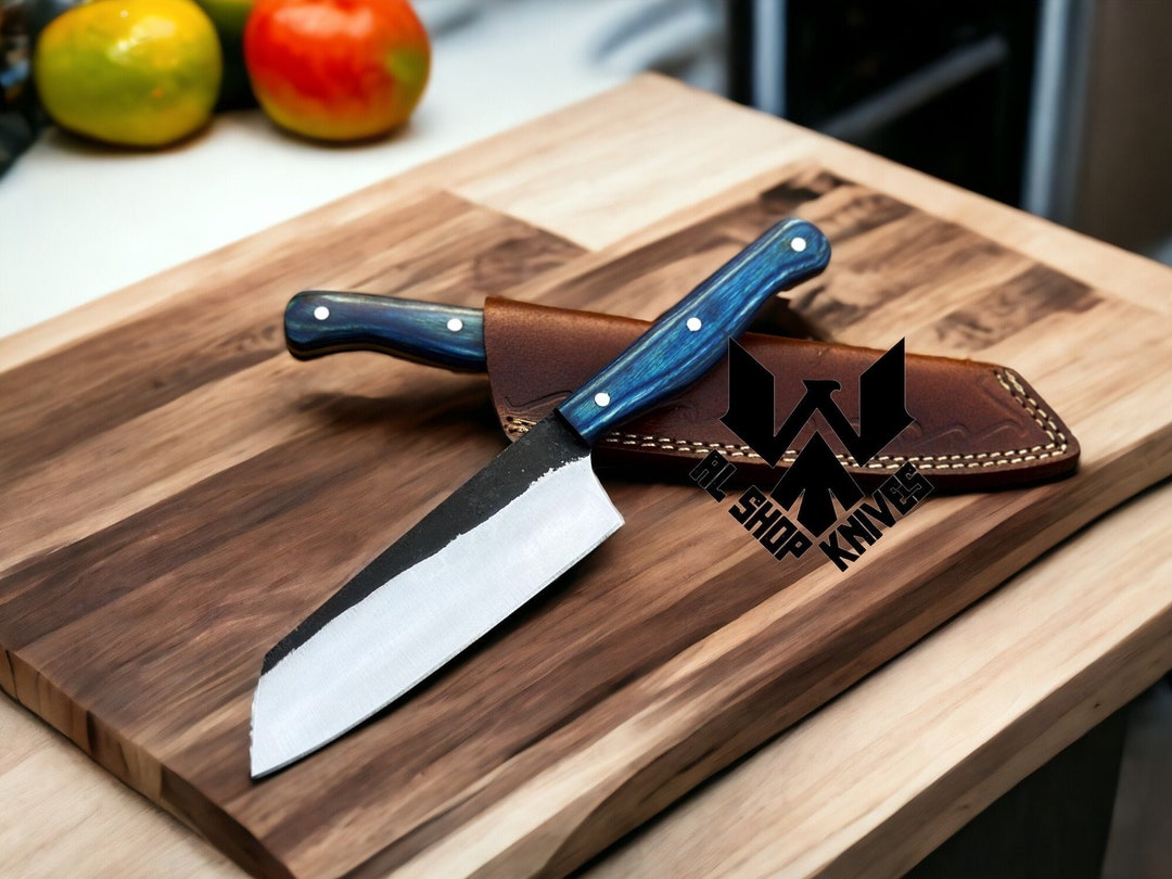 Hand Forged Carbon Steel Chef Knife: Blue Dymond Wood Handle, Leather ...