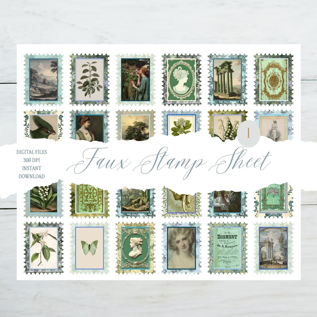 24 Vintage Green Ephemera Faux Stamps, Digital Download, Scrapbooking ...