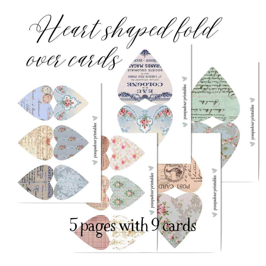 Vintage Heart Shaped Fold Over Cards - Digital Download (5 Pages, A4 ...