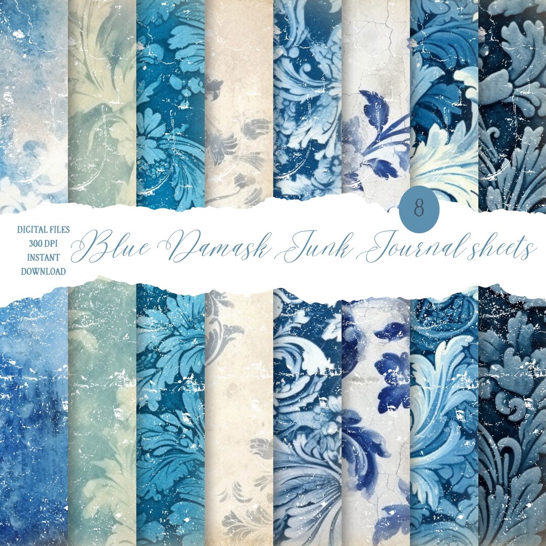 French Blue Shabby Damask Paper Pack, Digital Download, Pattern Paper ...
