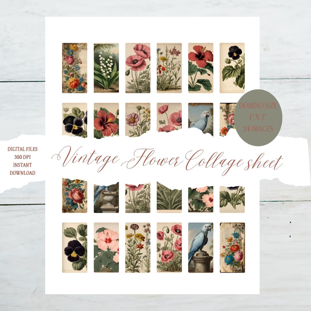 Vintage Flowers Domino Tile Template 1"x2" Collage Sheet 24 Images Junk ...