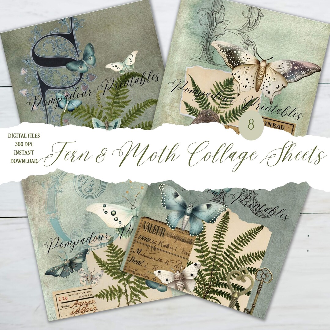 Fern and Moth Collage Sheet Set, 8x A4 Pages Printable Collage Sheets ...