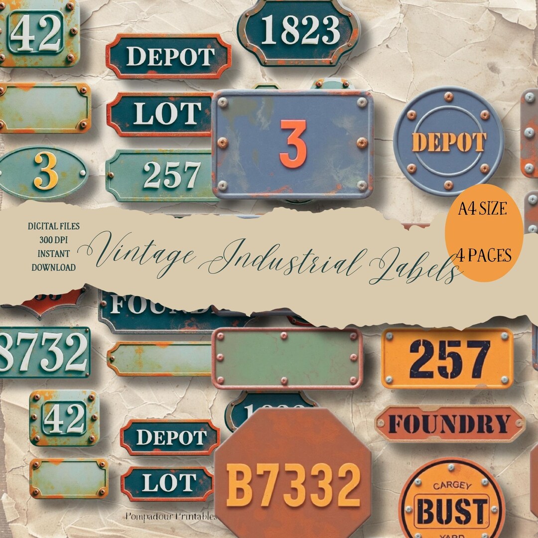 Vintage Industrial Printable Labels | A4 Digital Download | Rusty ...