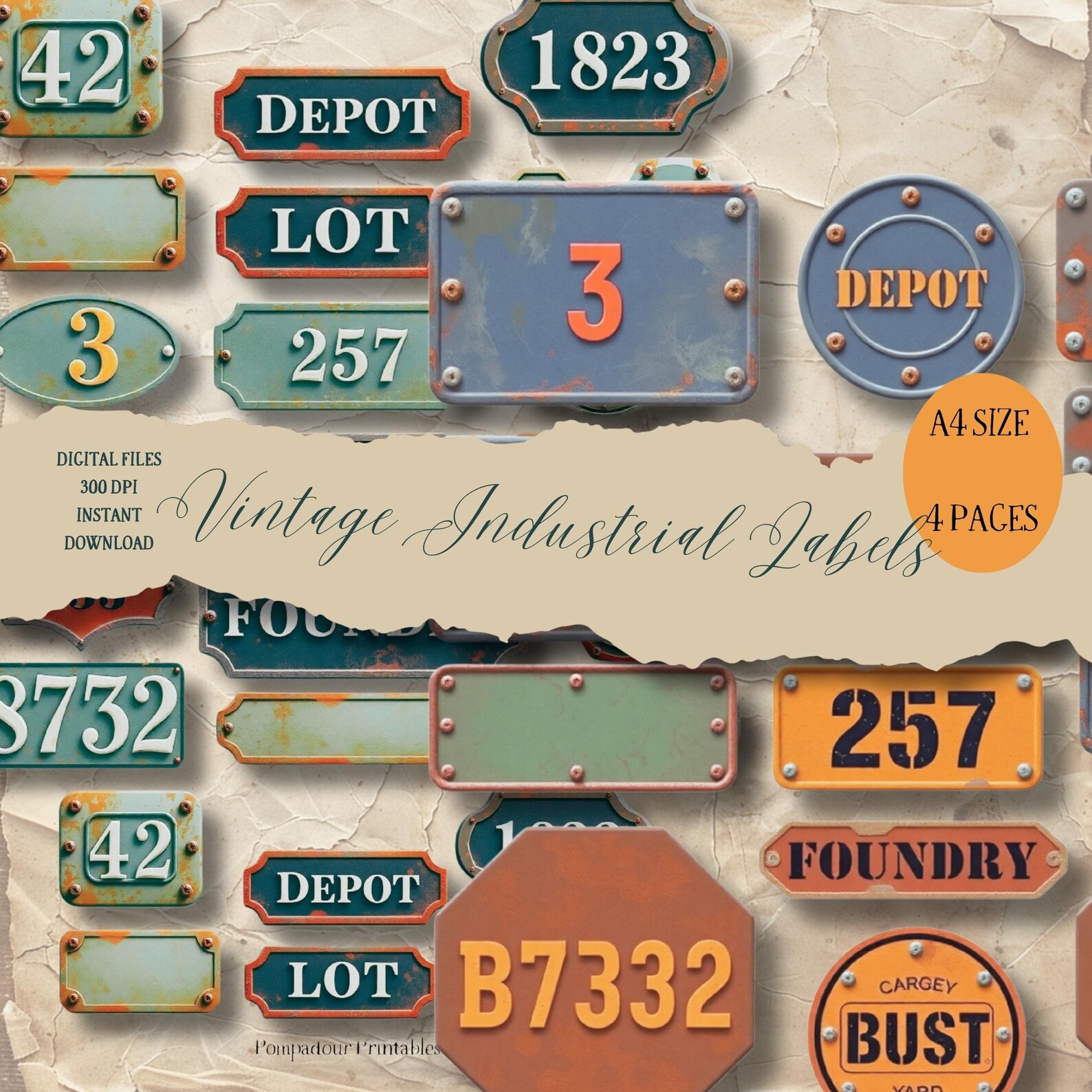 Vintage Industrial Printable Labels | A4 Digital Download | Rusty ...