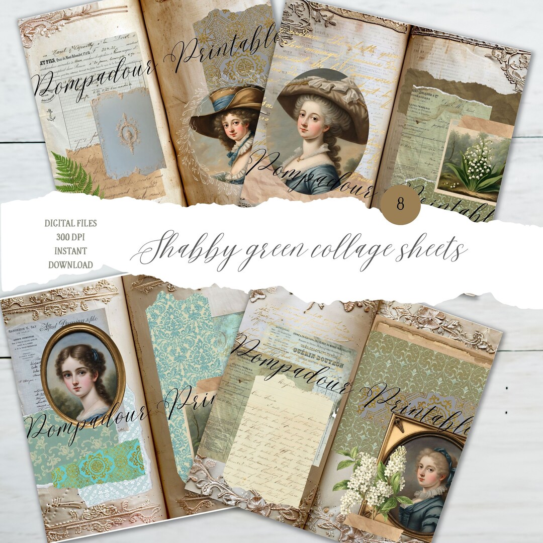 Set of 8 Printable Shabby Green Collage Sheets, Digital Collage Sheets ...