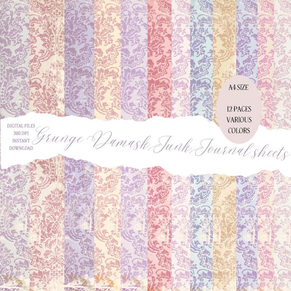 French Blue Shabby Damask Paper Pack, Digital Download, Pattern Paper ...