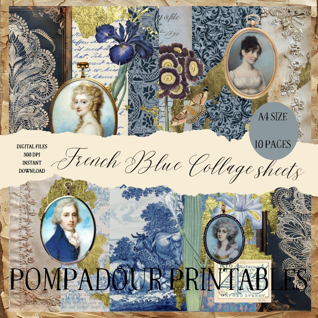 French Blue Collage Papers- French Printable, French Ephemera, Vintage ...
