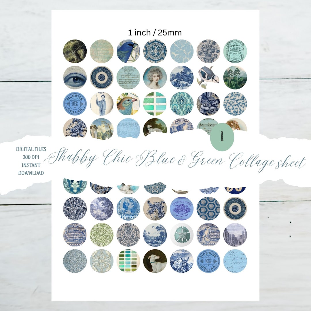 Shabby Chic Blue Collage Sheet, Printable Circle 1 Inch, 25 Mm ...