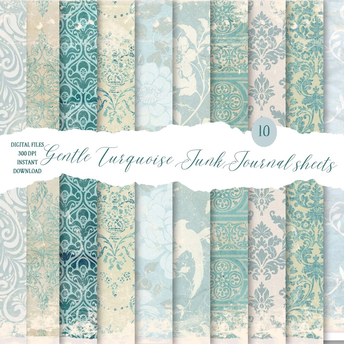 Gentle Turquoise Junk Journal Sheets, Ten A4 Pages, Digital Download ...