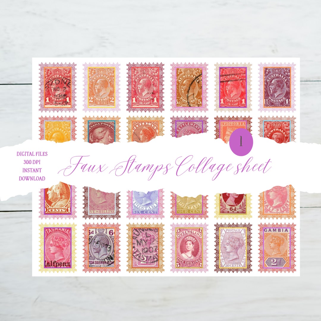 24 Vintage Red & Pink Ephemera Faux Stamps, Digital Download ...
