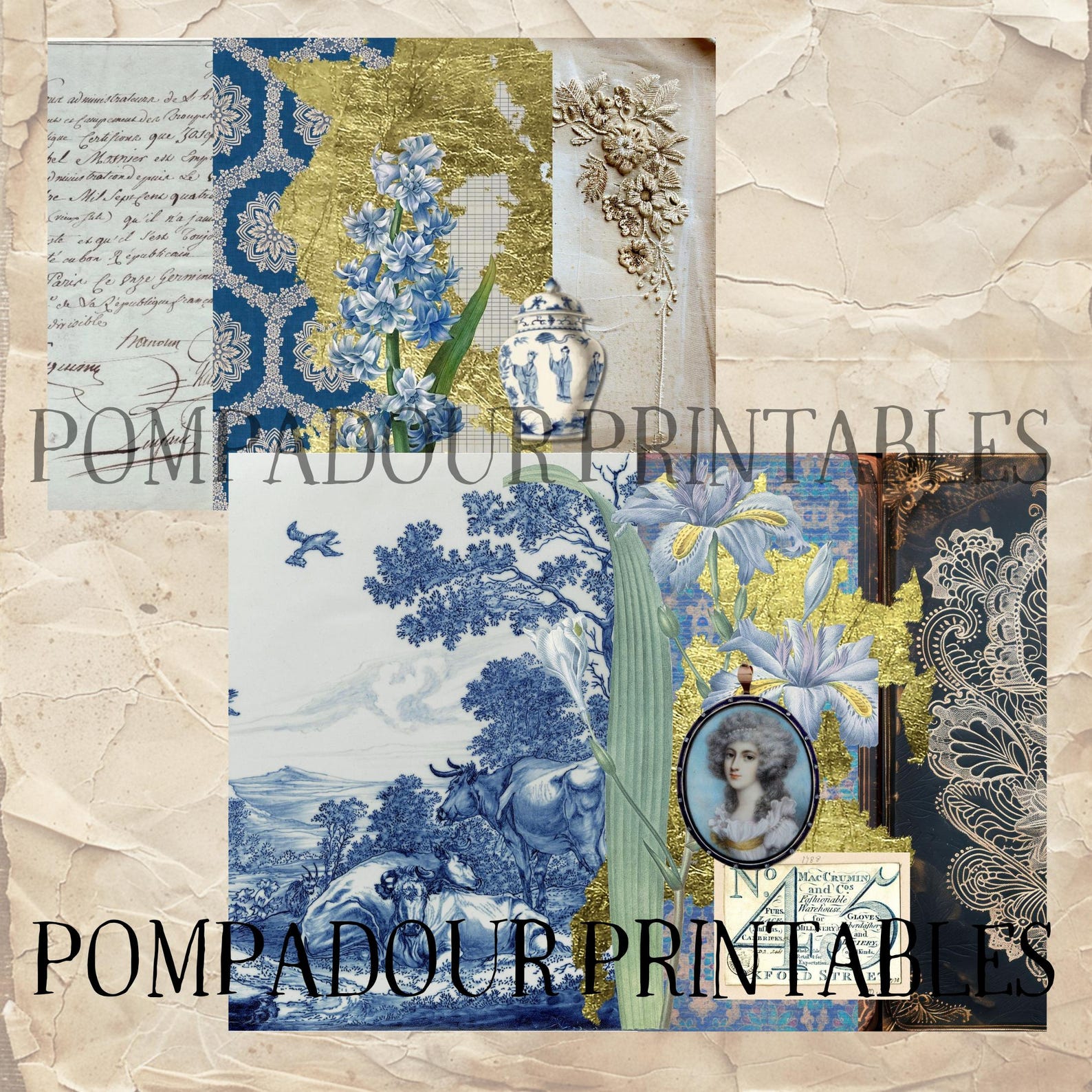 French Blue Ephemera – Vintage Portrait Collage Papers (digital ...