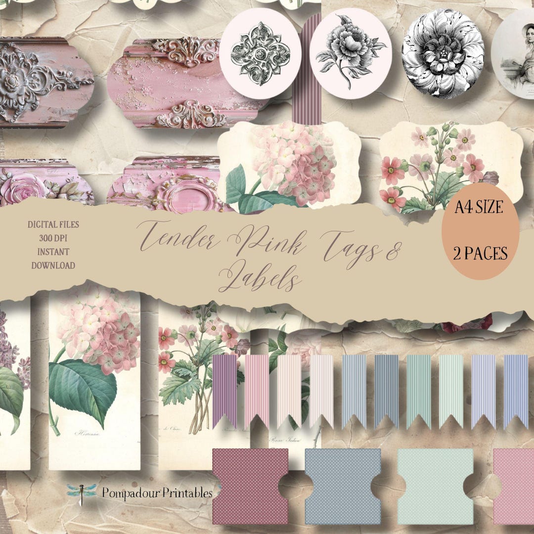 DIGITAL Antique Tender Pink Labels and Tags Digital Collage Sheet ...