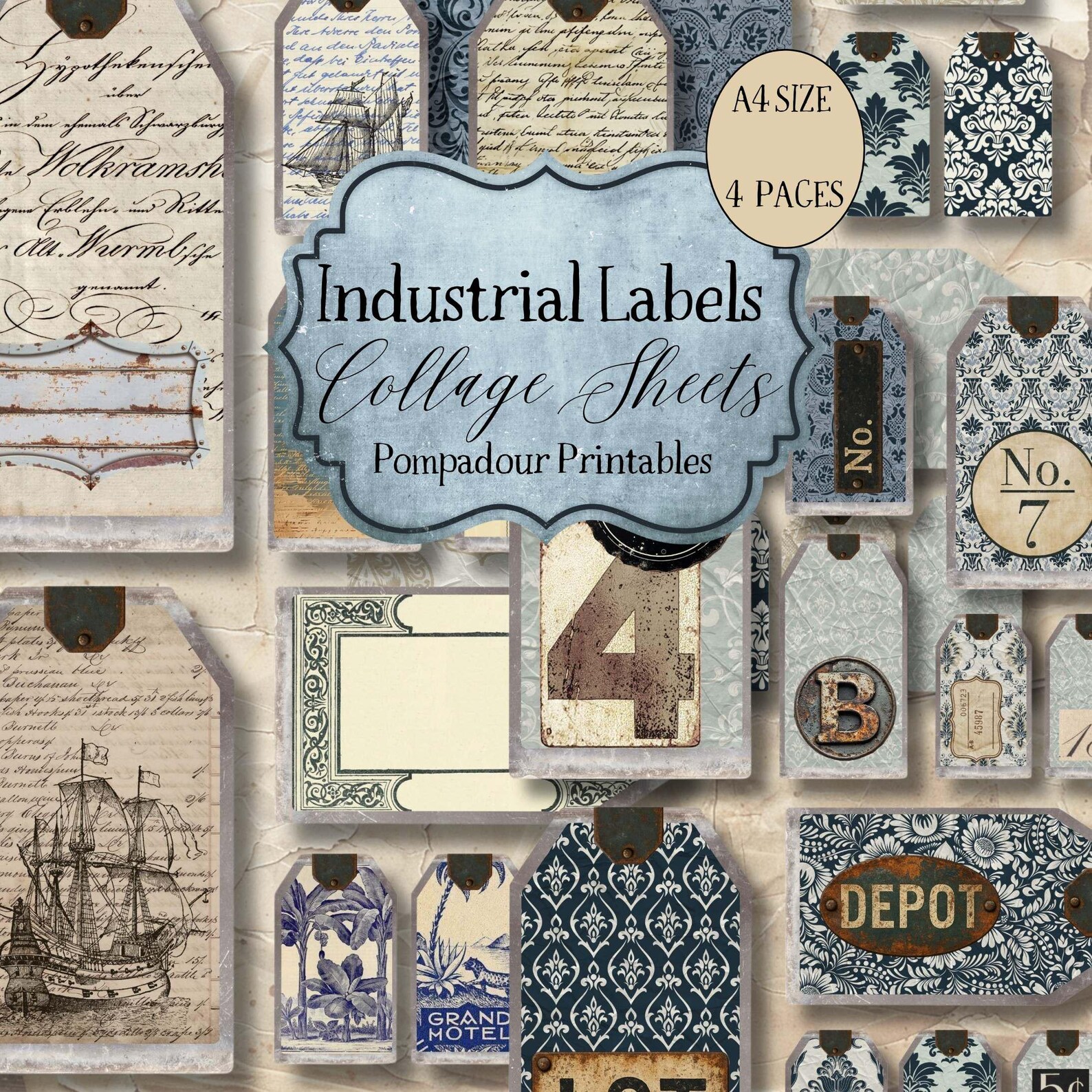DIGITAL Antique Industrial Labels and Tags Digital Collage Sheet ...