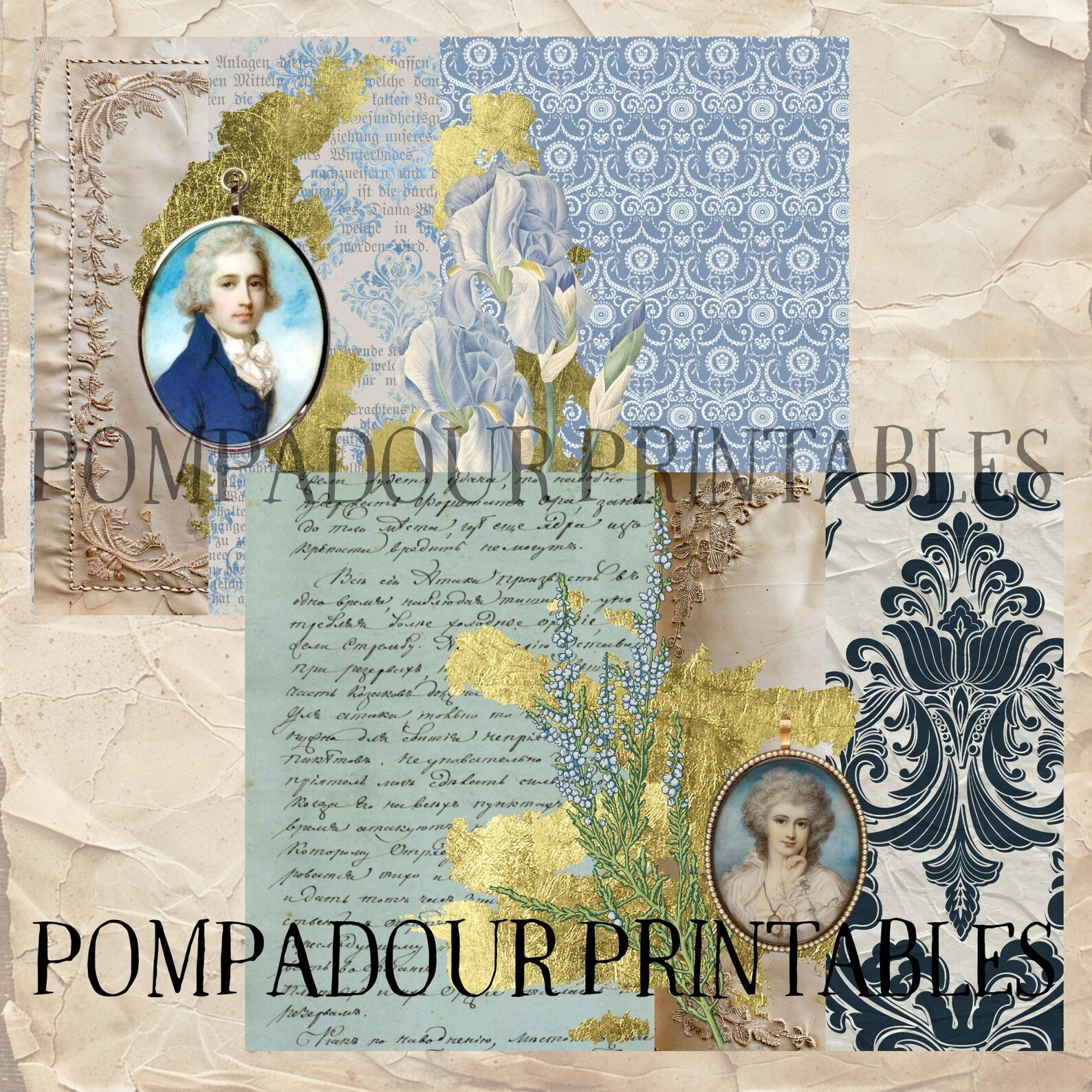 French Blue Collage Papers- French Printable, French Ephemera, Vintage ...