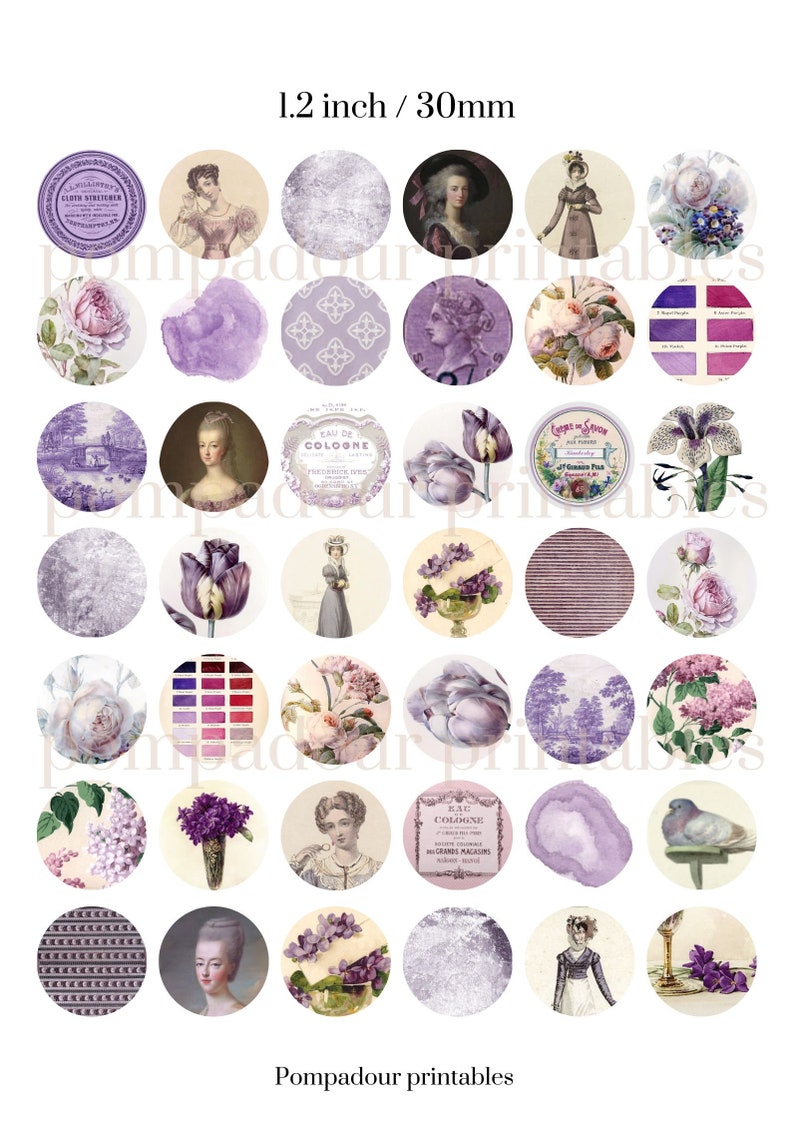 Shabby Chic Purple Collage Sheet, Printable Circle 1.2 Inch, 30mm ...