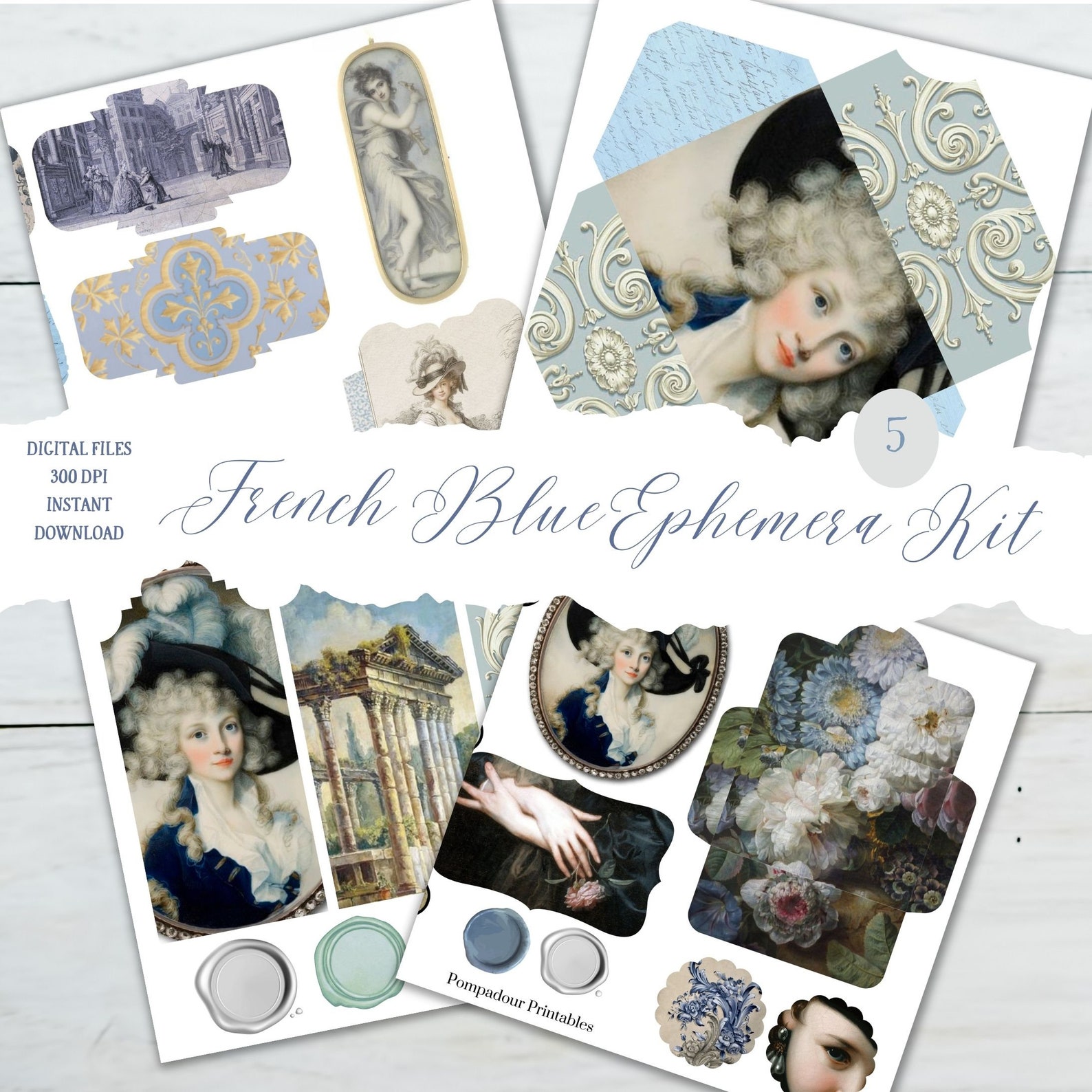 French Blue Ephemera Kit , Blue Junk Journal Ephemera, Blue Digital ...