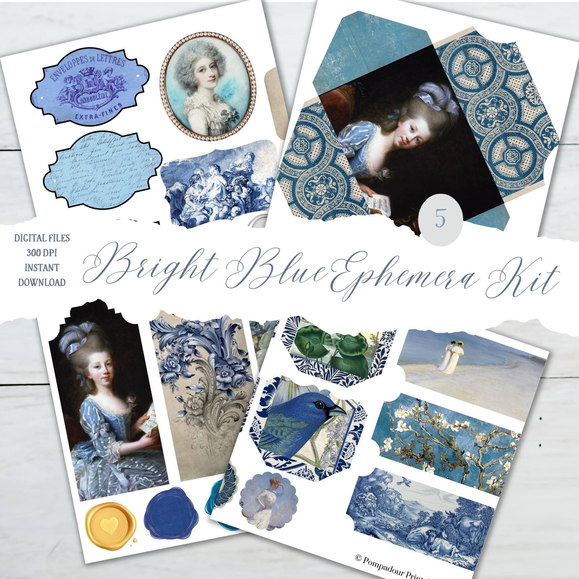 Bright Blue Ephemera Kit , Blue Junk Journal Ephemera, Blue Digital ...