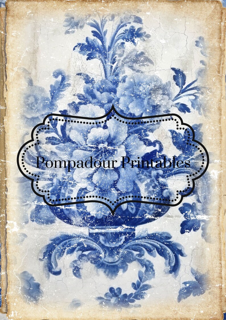 French Blue Shabby Damask Paper Pack, Digital Download, Pattern Paper ...