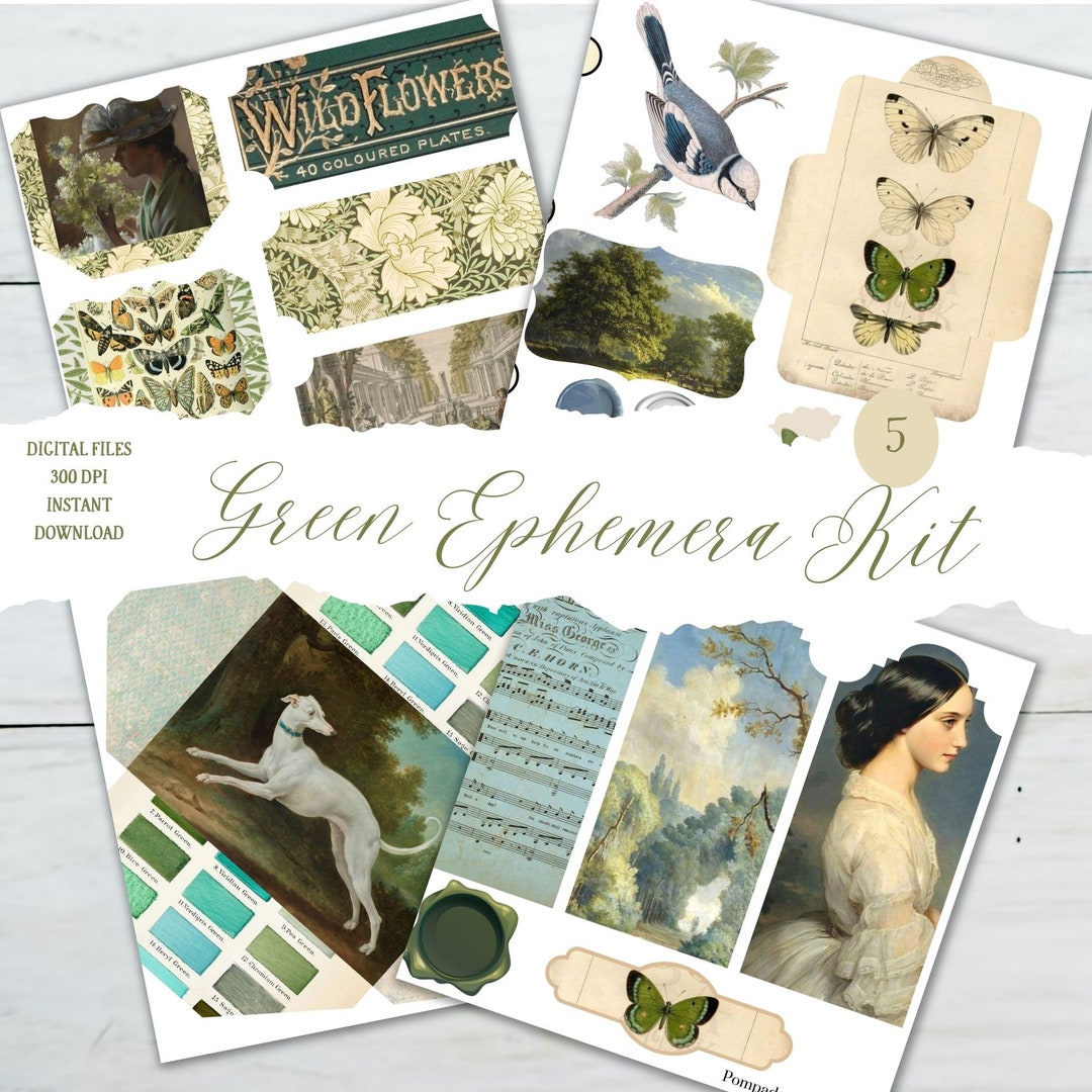 Green Ephemera Kit , Green Junk Journal Ephemera, Green Digital ...