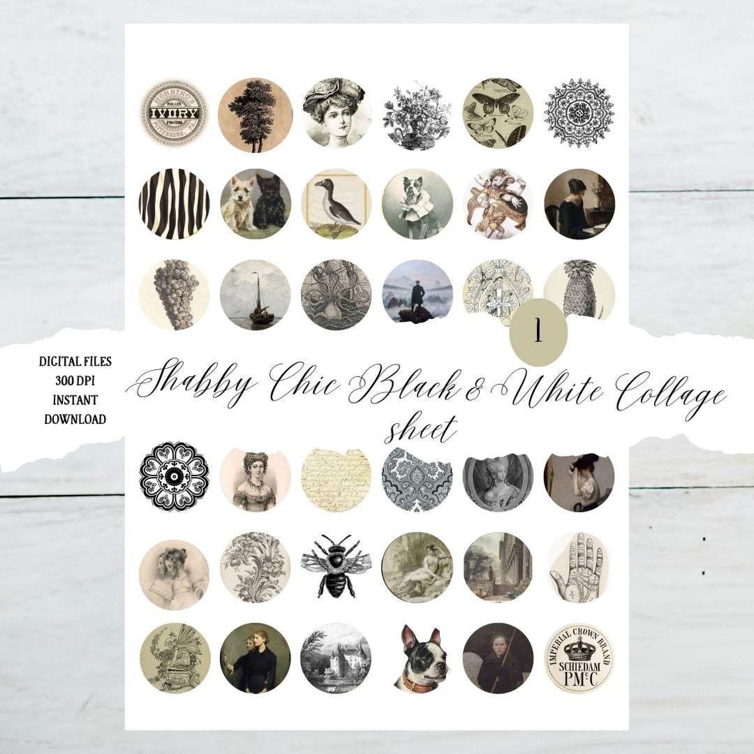 Collage Sheet, 30 Mm/1.2 Inch Round in Black and White Tones - Etsy