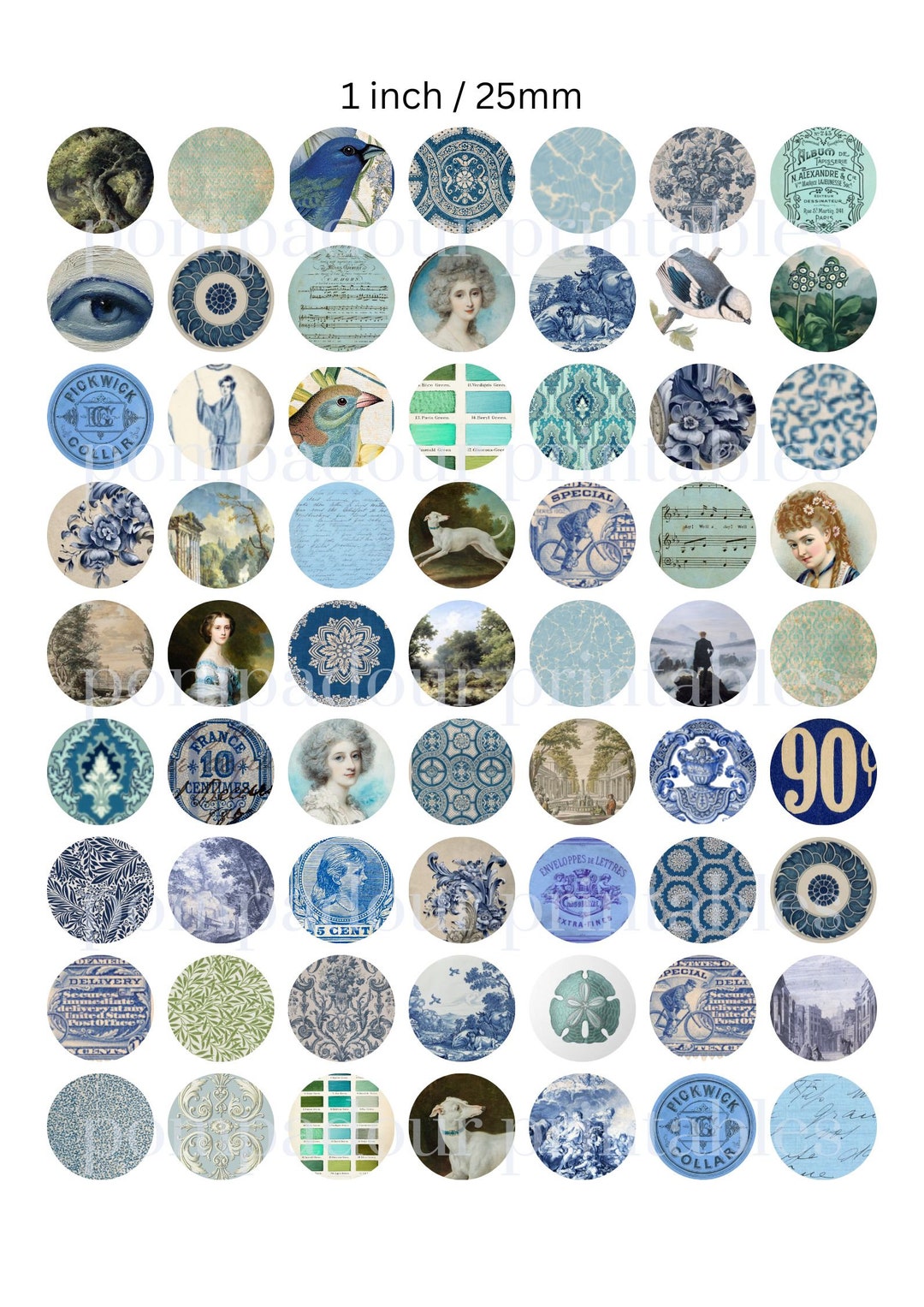 Shabby Chic Blue Collage Sheet, Printable Circle 1 Inch, 25 Mm ...