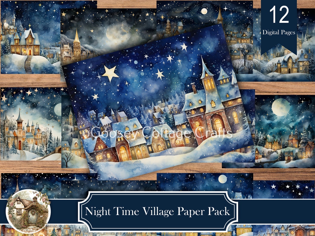 Night Time Village Junk Journal Scrapbooking Background Papers, Digital ...