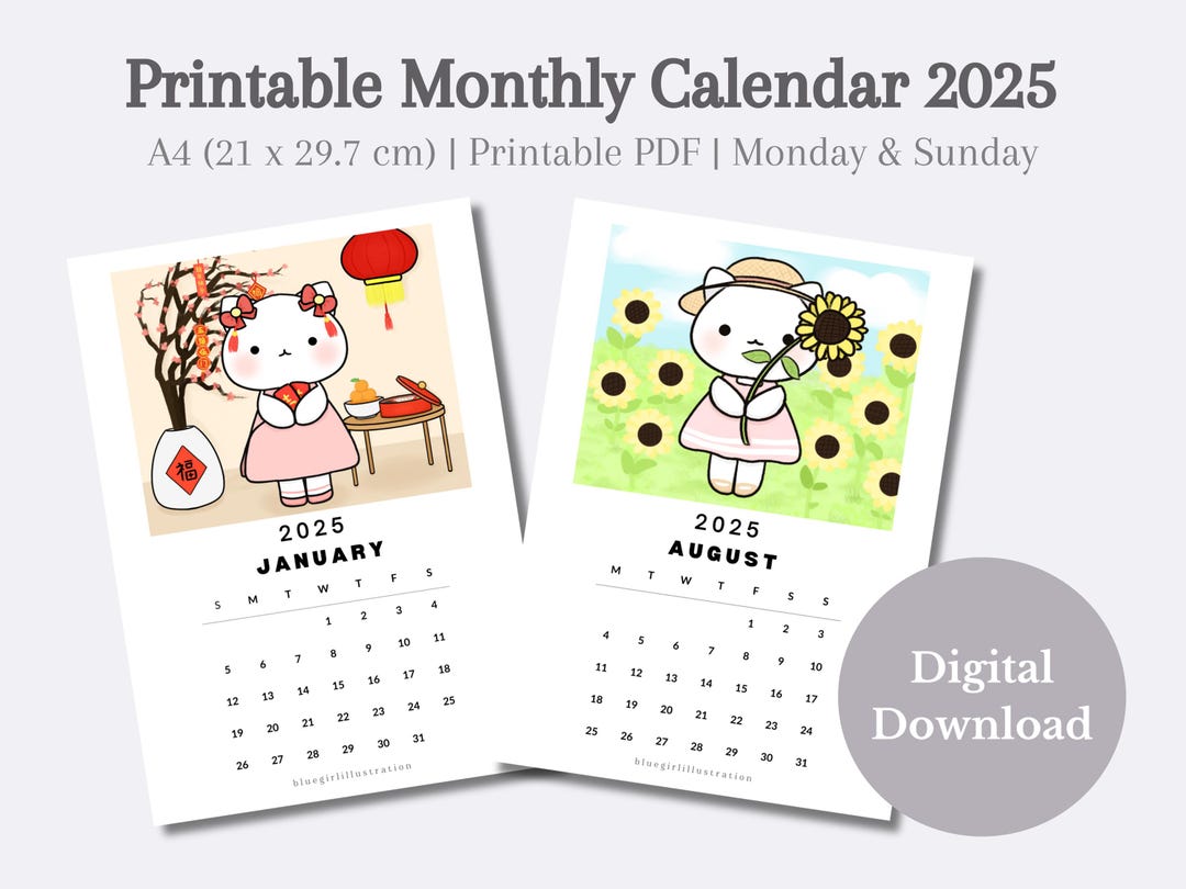 Printable Calendar 2025 PDF Cute Cat Illustration Calendar Monthly ...