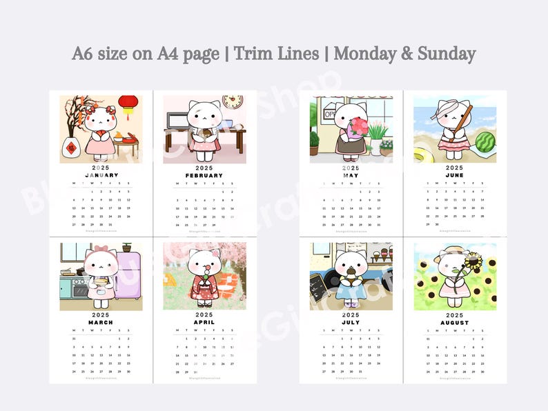 Printable Calendar 2025 PDF Cute Cat Illustration Calendar Monthly ...