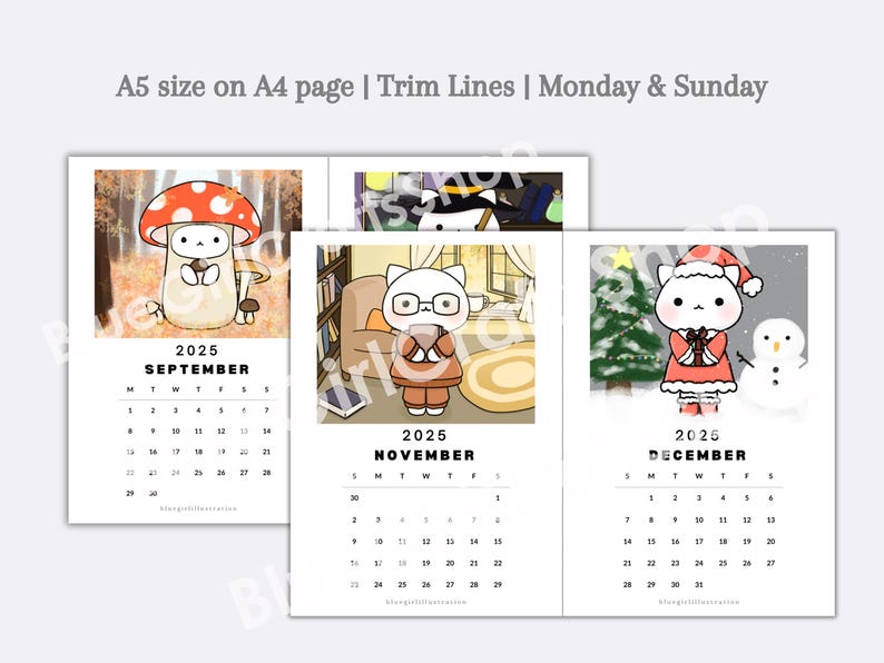 Printable Calendar 2025 PDF| Cute Cat Illustration Calendar| Monthly ...