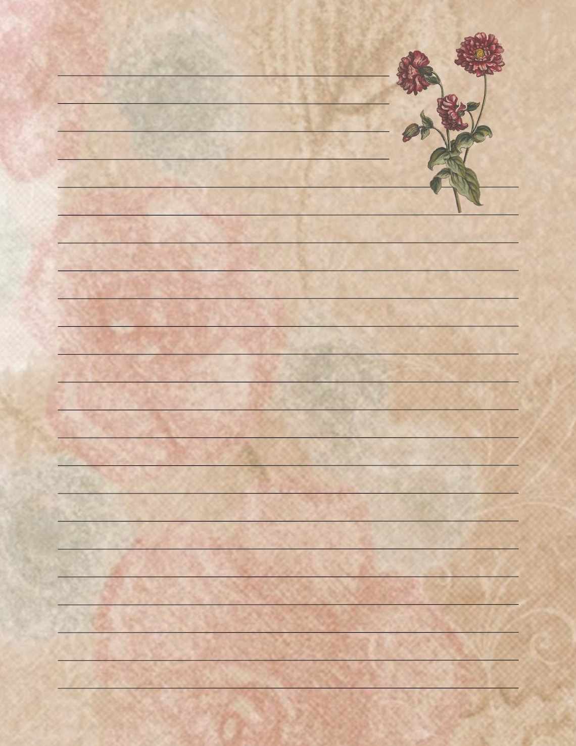 Vintage Floral Writing Paper: 10 Lined Printable Sheets (US Letter Size ...