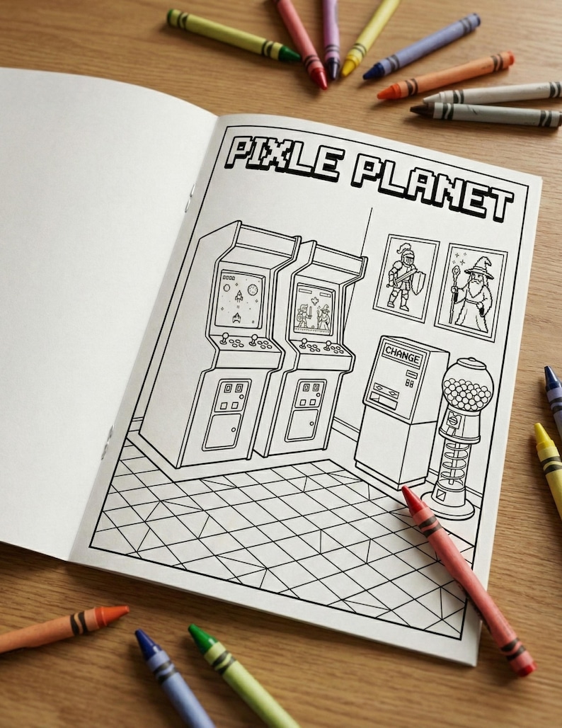 Retro Arcade Machines Coloring Page | Pixel Game Room Printable ...