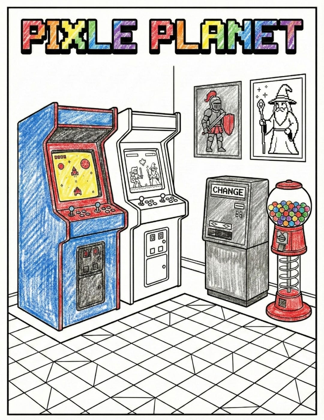 Retro Arcade Machines Coloring Page | Pixel Game Room Printable ...