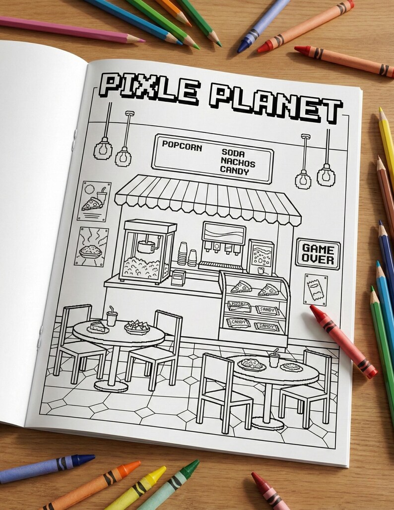 Retro Arcade Snack Bar Coloring Page – Pixel Art Food Court Printable ...