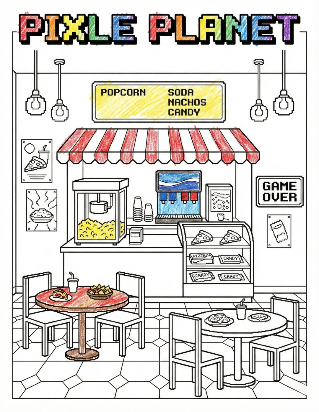 Retro Arcade Snack Bar Coloring Page – Pixel Art Food Court Printable ...