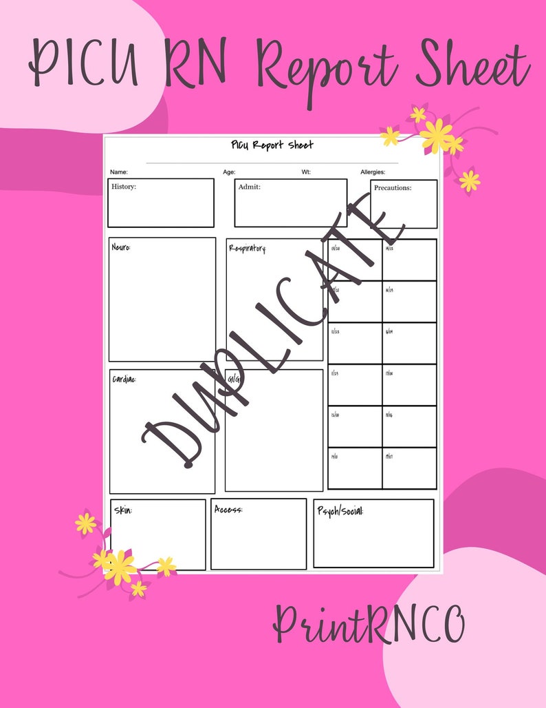 PICU RN Report Sheet *basic One Pager* - Etsy