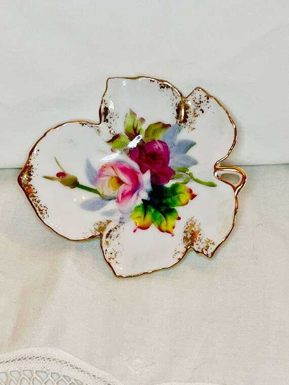 Vintage Lefton Roses Leaf Trinket Plate Hand-painted … - Gem