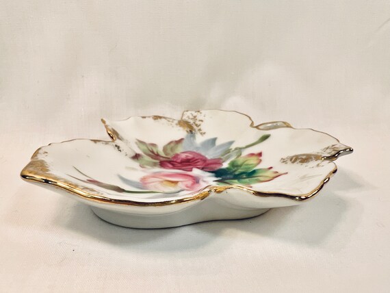 Vintage Lefton Roses Leaf Trinket Plate Hand-painted … - Gem