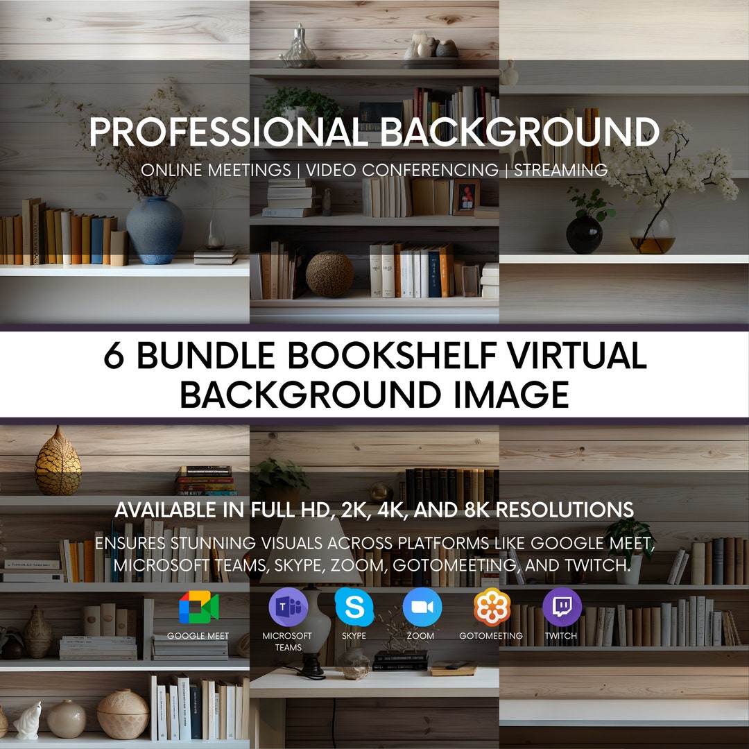 6 Bundle Bookshelf Virtual Background Images for Online Video Calls and ...