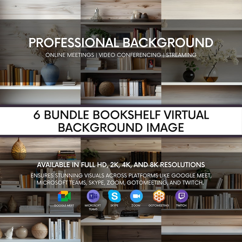 6 Bundle Bookshelf Virtual Background Images for Online Video Calls and ...